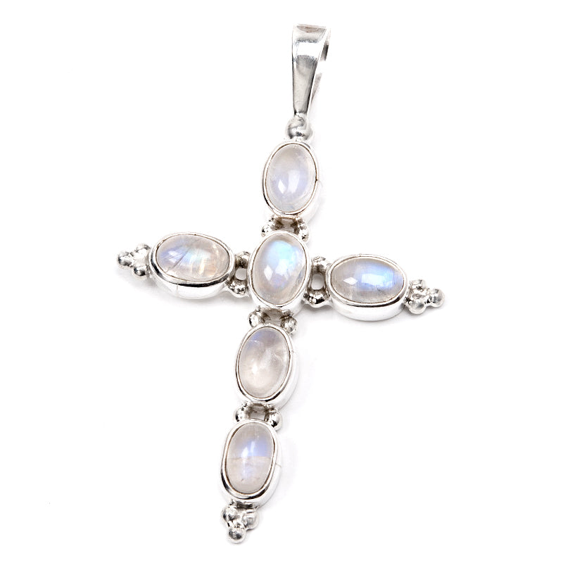 Silver-set rainbow moonstone cross with 6 stones – Kristallrummet